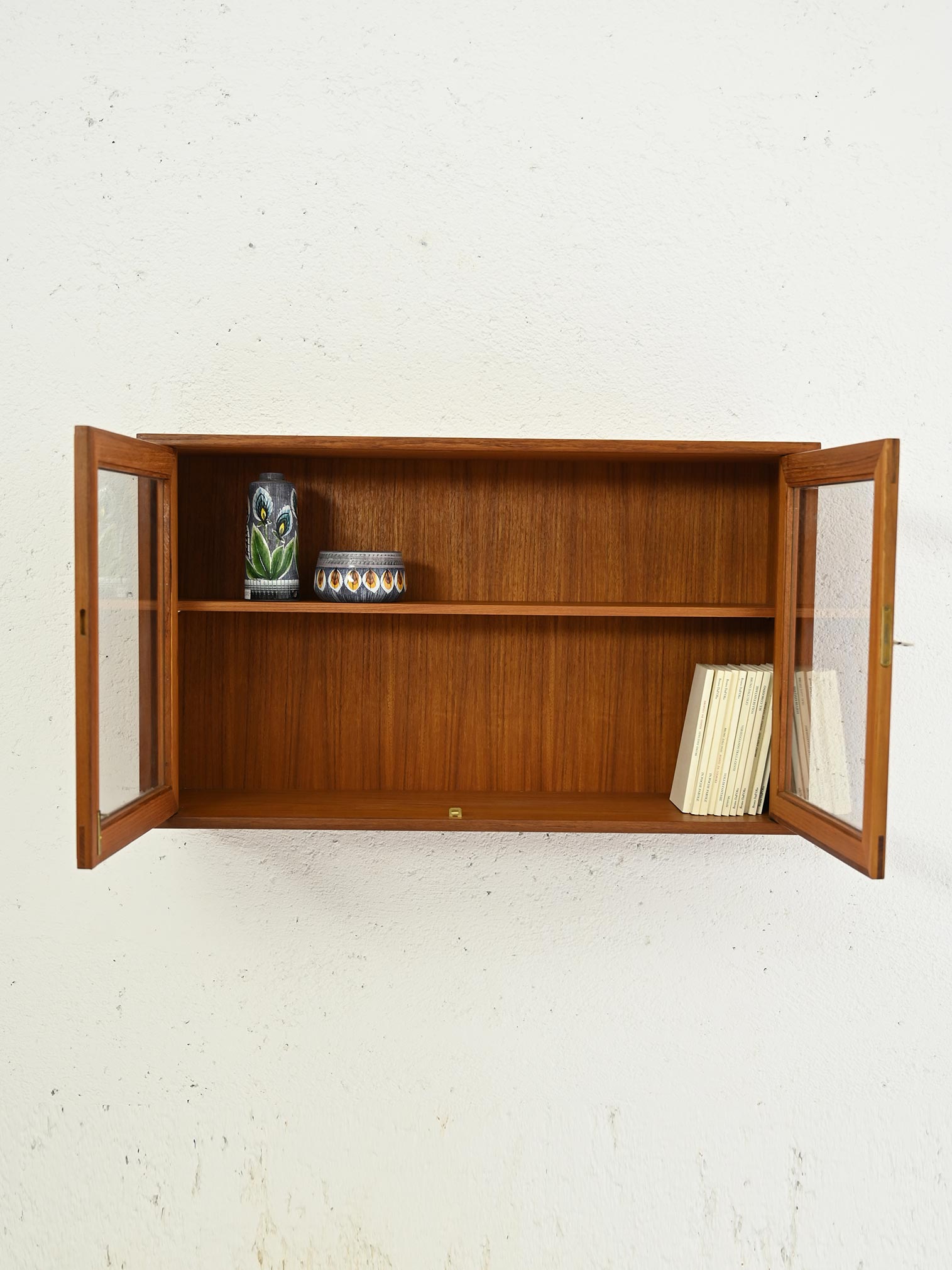 Teak wall-mounted display cabinet with glass doors, Scandinavian ...