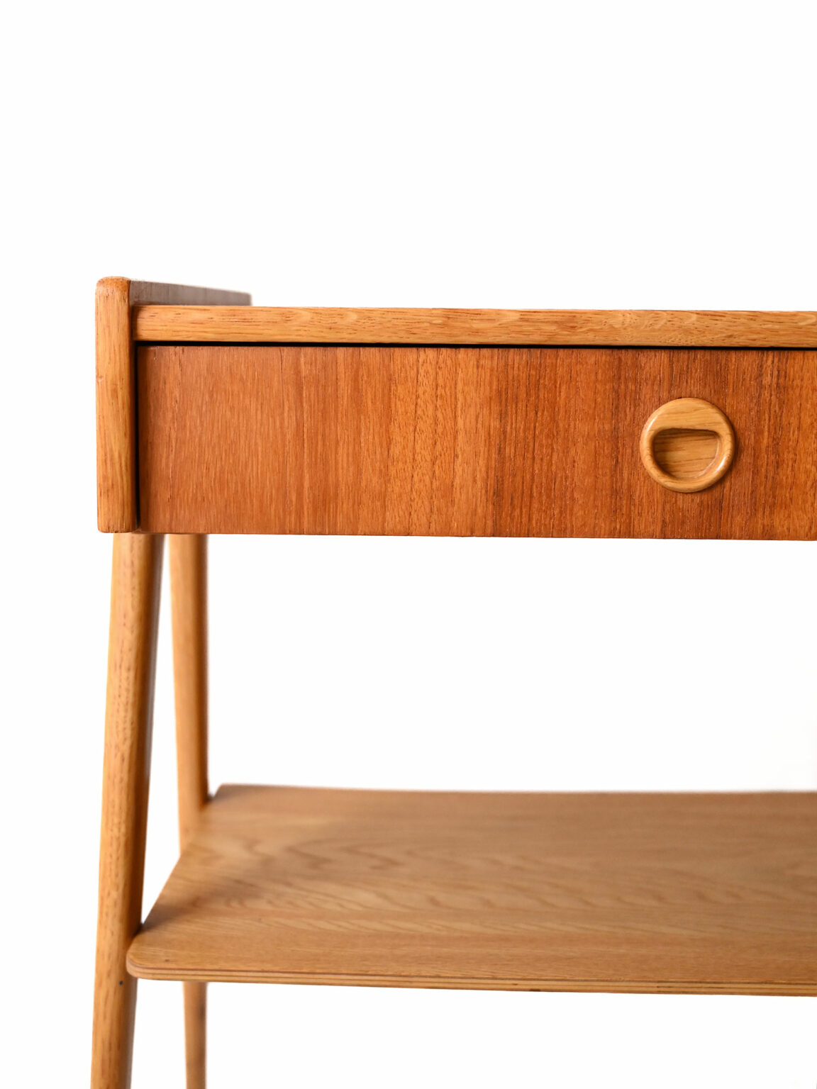 Vintage Scandinavian nightstand with shelf and slanted legs | Casafika