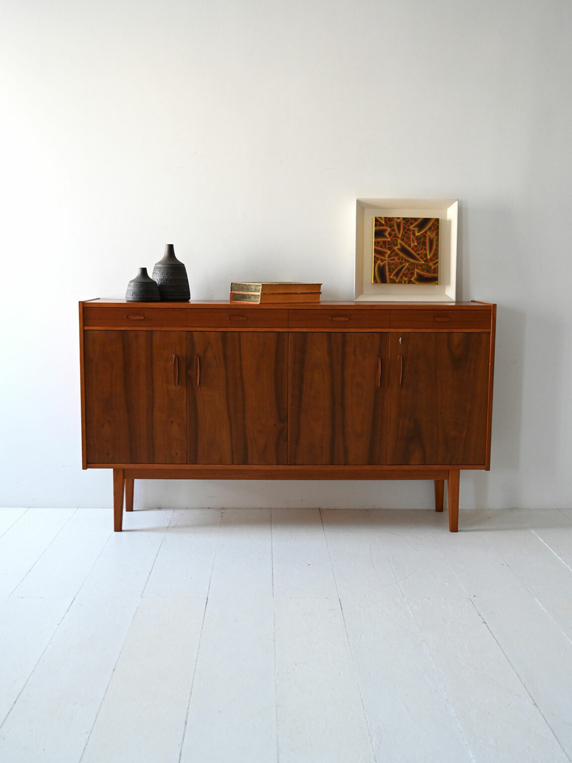 Scandinavian vintage teak highboard with four doors and drawers | Casafika