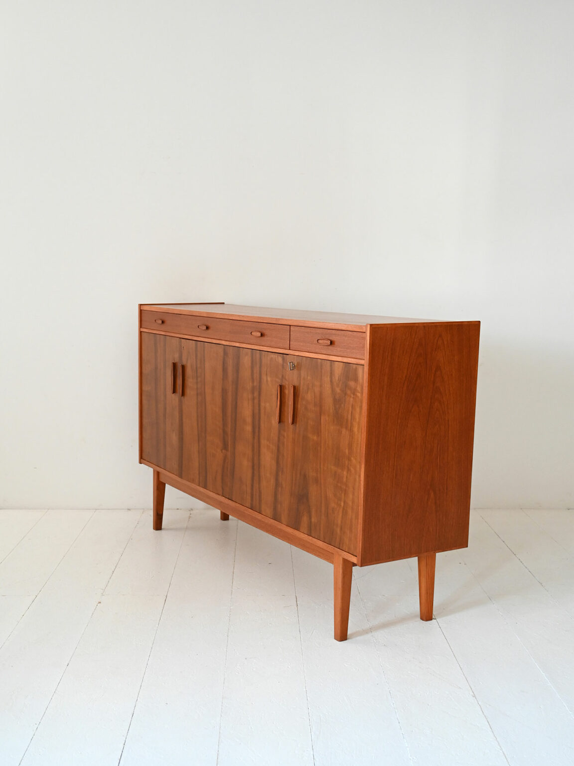 Scandinavian vintage teak highboard with four doors and drawers | Casafika
