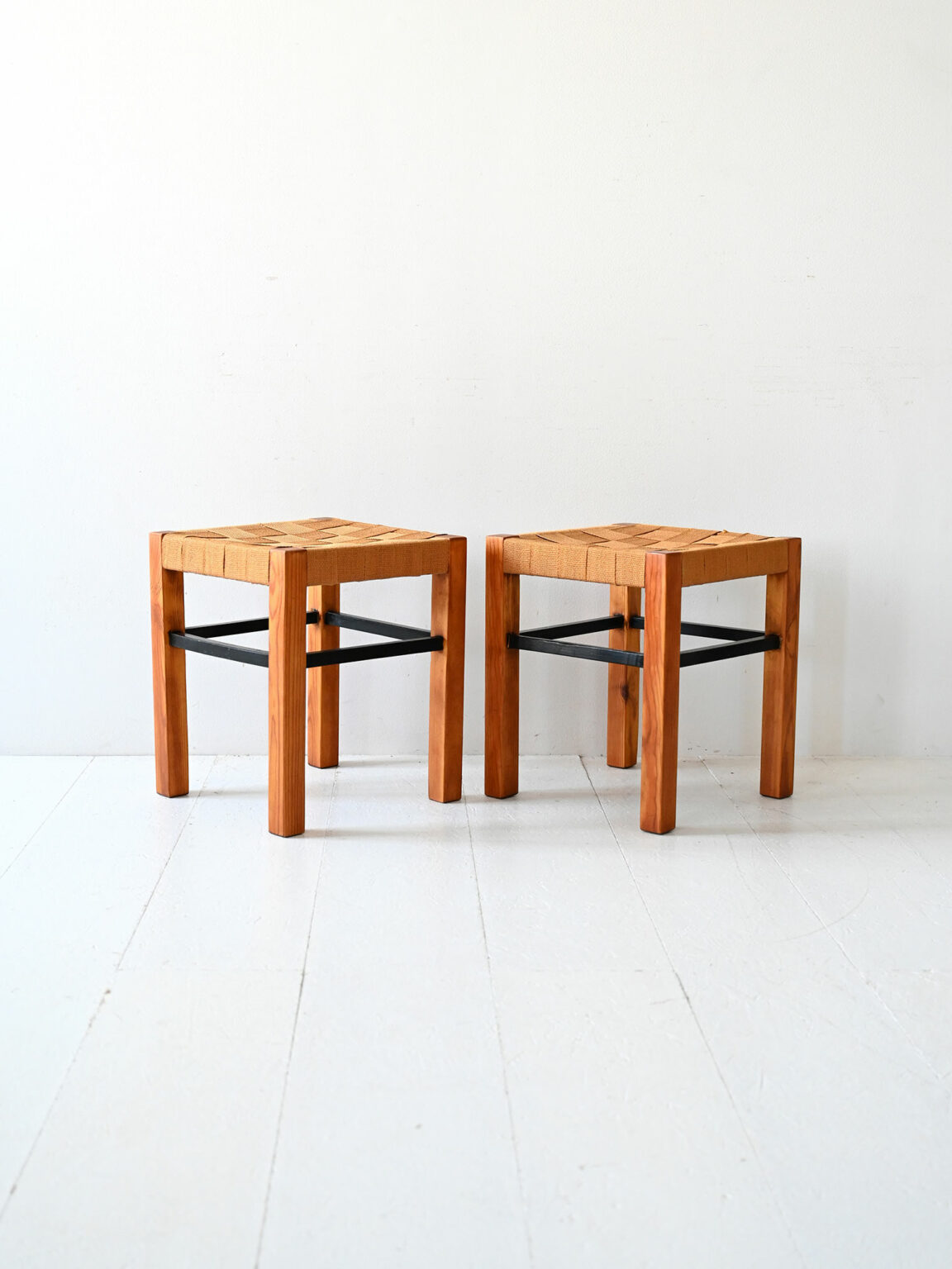 Pair of vintage Scandinavian stools with woven seat | Casafika