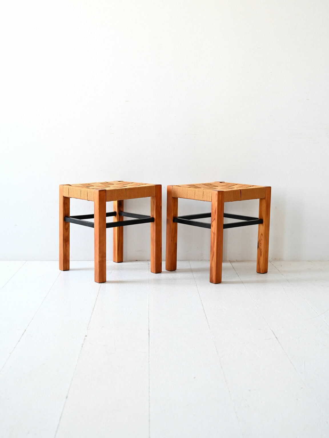 Pair of vintage Scandinavian stools with woven seat | Casafika