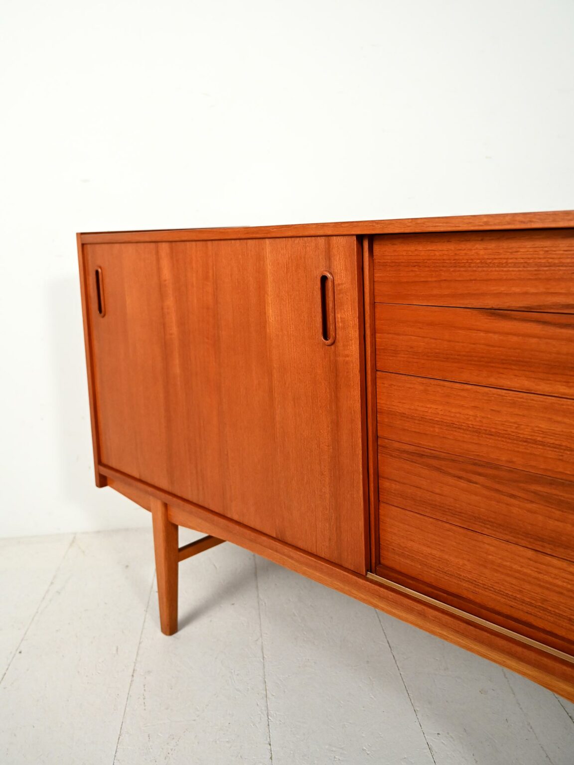 Scandinavian teak sideboard with recessed oval handles | Casafika